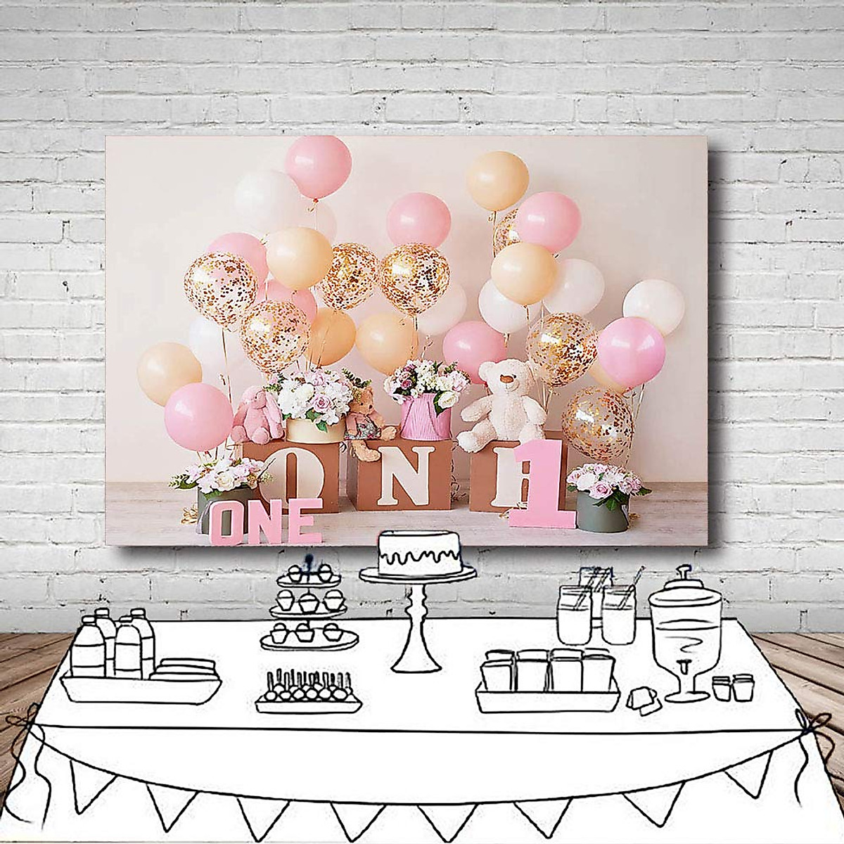 MEHOFOND 7x5ft Pink Gold Balloon First Birthday Party Backdrops for Baby Girl Sweet One Floral Photography Background Portrait Photo Studio Decoration Photo Banner Props for Cake Smash