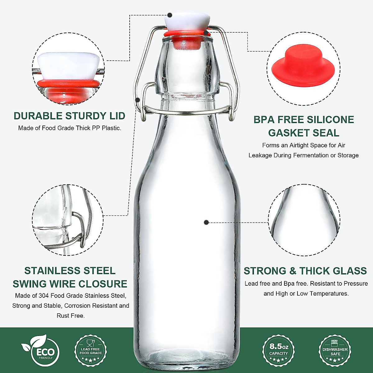 AOZITA 8-Pack 8.5oz Flip Top Glass Bottles, Swing Top Beer Brewing Bottle for 2nd Fermentation, Kombucha, Kefir, Vanilla Extract, Coquito, Juice, Tea - Airtight Stopper Cap Lid, Bonus 2 Bottle Pourers