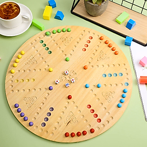 Marble Board Game Wooden Wahoo Board Game Double Side Painted Board Game with 6 Colors 36 Marbles 6 Dice for Adults Family Night Game, 6 and 4 Player (Round)