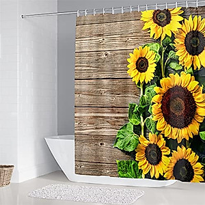 AZHM Wooden Sunflower Shower Curtain Sets with Rugs 4 Piece Bathroom Decor Set with Toilet Lid Cover Bath Mat Shower Curtain for Bathroom with 12 Hooks Waterproof Bathroom Curtains Shower Set
