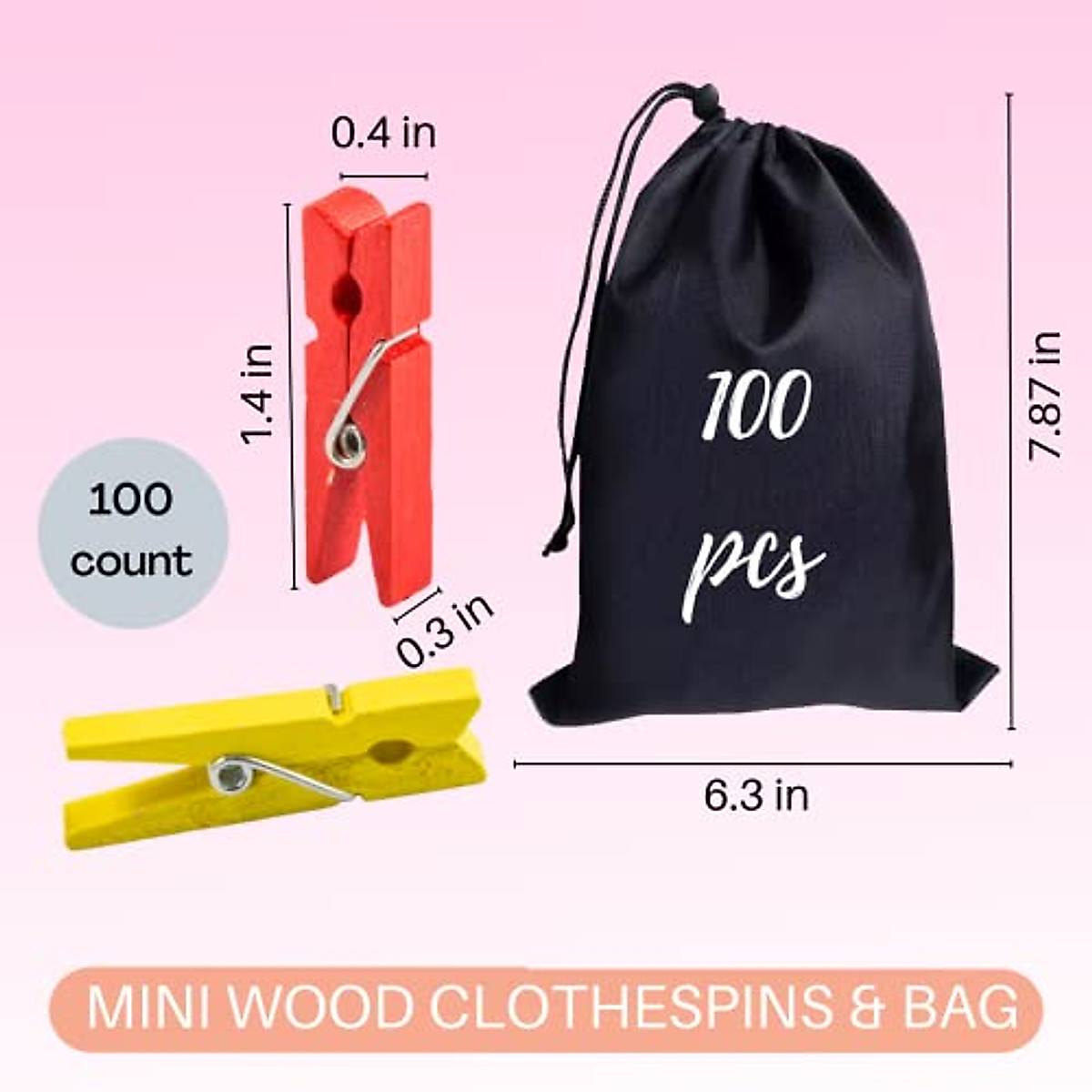 Colorful Clothespins, Mini Clothes Pins for Photo, 1.4'' 100 PCS Natural Birchwood Colored Clothespins, Strong Springs Mini Clothespins with Storage Bag,Mini Clothes Pins for Crafts, Pictures, Arts