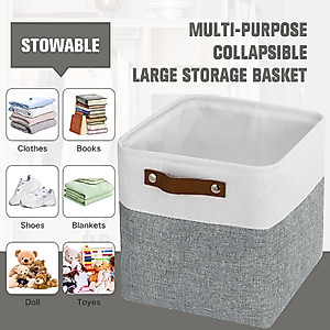 FinishingBo Cube Storage Baskets 6 Pack, 11x11 inch Foldable Cube Storage Bins with Leather Handles for Shelf Closet Nursery Toys (White/ Gray)