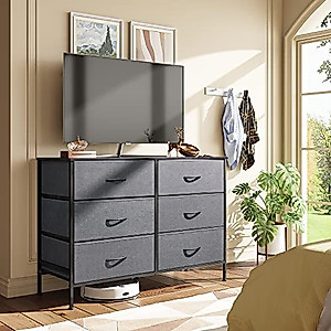 WLIVE Wide Dresser with 6 Drawers, TV Stand for 50" TV, Entertainment Center with Metal Frame, Wooden Top, Fabric Storage Dresser for Bedroom, Hallway, Entryway, Dark Gray