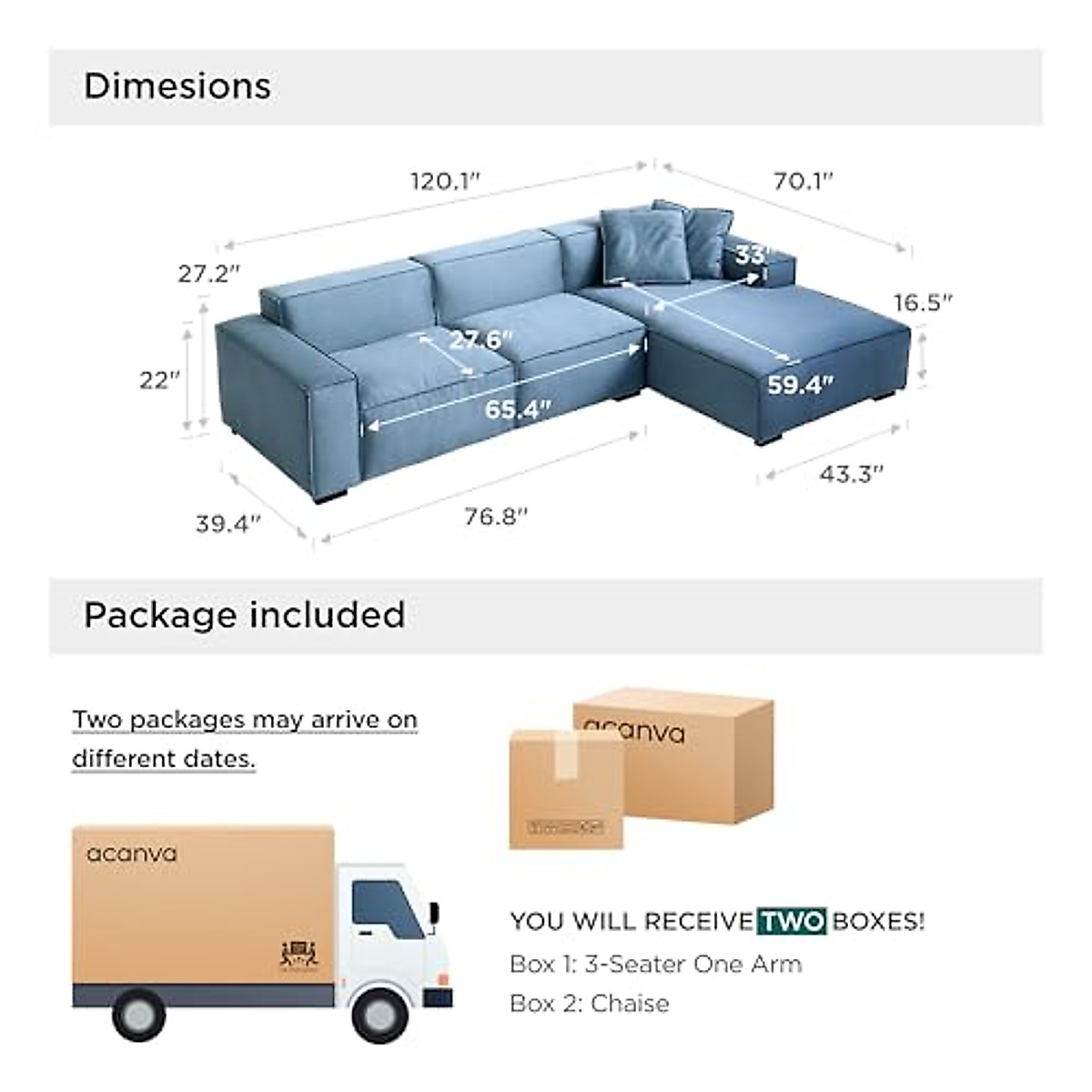 Acanva Modern L-Shaped Deep Sectional Sofa Furniture Set for Living Room Lounge, Minimalist Style Comfy Suedette Upholstery Corner Couch with Chaise, Blue