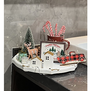 Christmas Decor - 14Pcs Christmas Decorations Indoor for Tiered Tray - Farmhouse Rustic Home Buffalo Plaid Kitchen Decor - Wooden Signs for Bathroom Table Bedroom (Not Included Tray) - White