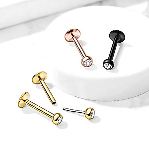 Amelia Fashion 18 Gauge Push In Jeweled Ball Top PVD Over 316L Surgical Steel Threadless Labret, Monroe, Flat Back Stud (18GA (1mm) - L.1/4" (6mm) - Ball: 2mm - Rose Gold/Clear)