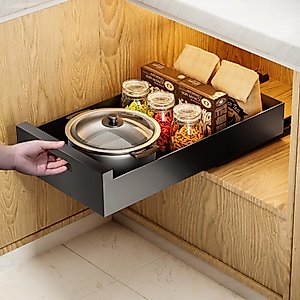 1 Pack | Pull Out Cabinet Organizer Adhesive, 10-Inch Wide Sturdy Carbon Steel Pull Out Drawers for Cabinets, Slide-Out Shelves for Pantry and Bathroom Vanity - 16.9'' Depth x 3.1'' Height.