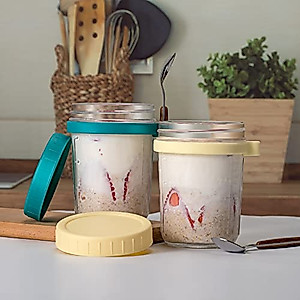 Wdcme 3 Pack Glass Mason Overnight Oats Jars with Airtight Lids and Spoons,12 oz Reusable Overnight Oats Containers with Measurement Marks (Green-Yellow-Grey)