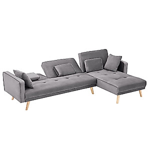Eafurn L-Shaped Sectional Sofa with Adjustable Backrest and Chaise Lounge,3 Seat Upholstered Sleeper Futon Couch with Solid Wood Legs,Right Hand Facing Tufted Seater Sofa & Couch with 5 Pillows