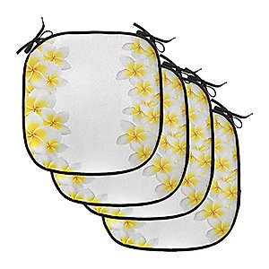 Lunarable Hawaiian Chair Cushion Pads Set of 4, Frangipani Blossoms Exotic Nature Garden Plumeria Flower Frame Relaxation Theme, Anti-Slip Seat Padding for Kitchen & Patio, 16"x16", Yellow White