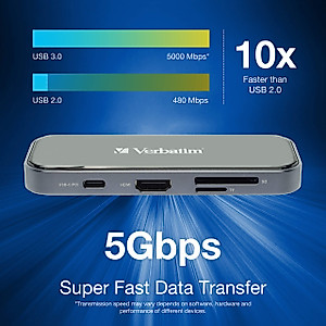 Verbatim 8-in-1 USB C Hub w/Dongle - USB Hub for Laptop w/ 100W PD, 2 USB 3.0 Ports, 2 USB C Ports, SD Card Readers, HDMI, 3.5mm Audio Port, Compact USB-C Hub