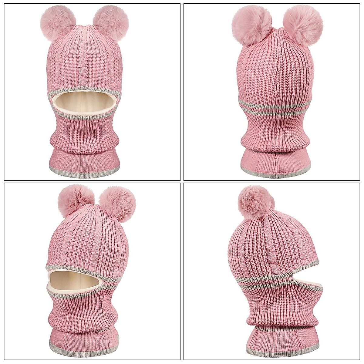 2 Pieces Kids Hood Scarf Kids Knit Hat Winter Thick Earflap Skull Caps for Boy Girls (Pink, Gray)