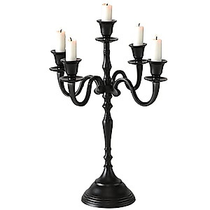 WHW Whole House Worlds Hamptons Five Candle Candelabra, Rustic Black Finish, Centerpiece, Hand Crafted of Cast Aluminum Nickel, Over 1 FT High, (15 3/4 Inches)