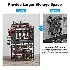 JUNNUJ Power Tool Organizer Floor Stand with Charging Station, Garage Adjustable Storage Rack Utility Tool Shelf with 8 Outlet Power Strip, Heavy Duty Drill and Battery Holder, Black