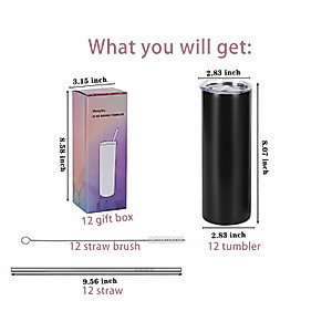 Wzaytia 12 Pack 20 Oz Straight Skinny Tumblers,Individually Gift Boxed Stainless Steel Slim Skinny Tumbler Set Bulk, 20 Oz Insulated Slim Thin Travel Tumbler Cup for Diy, Black
