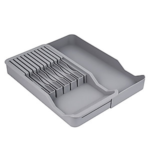 SOMIER Expandable Knife Organizer, Kitchen Drawer Knife Block with Adjustable Compact Flatware Cutlery Tray for Cooking Utensils, 2 Tier Knife Holder Insert for 11 Knives Storage, Gray