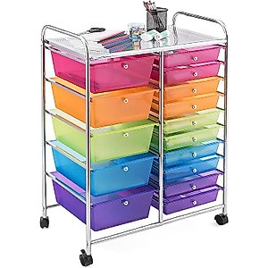 MEDIMALL 15 Drawers Rolling Storage Cart, Multipurpose Craft Storage Cart with Wheels, Mobile Tools Scrapbook Paper Organizer Cart for School Home Office Use (Rainbow)
