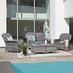 JOIVI Patio Furniture Set, 5 Piece All Weather Wicker Outdoor Conversation Set, Outdoor Sectional Sofa Set with PE Rattan Loveseat couch, Armchairs and Ottomans for Garden, Porch, Deck (Gray Cushions)