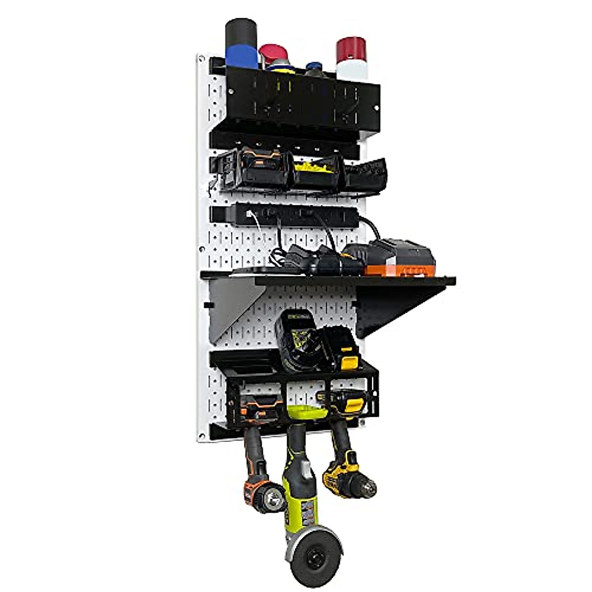 Wall Control Power Tool Storage Organizer Kit Cordless Drill Holder Charging Station Rack 16” x 32” Metal Pegboard Organization System (White Pegboard)