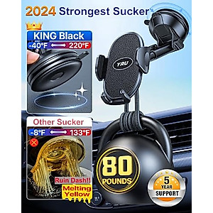 YRU [2024 Upgraded] Universal Car Phone Holder Mount【 360° Rotatable &Strong Suction】 Cell Phone Holder for Car Dashboard Windshield Phone Holder Dash Stand for iPhone 15 14 13 Samsung Truck, Black