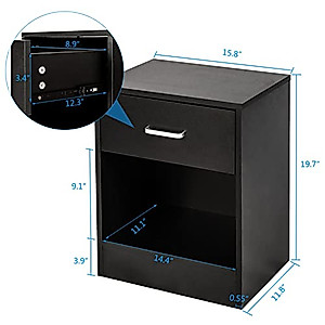 Set of 2 Nightstands with Storage Drawer, Modern End Side Table with Storage Shelves, Small Bedside Table Nightstand Storage Cabinet for Bedroom, Accent Funiture Sofa Side Table for Small Space, Black