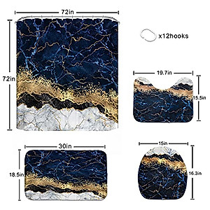 Lavsils 4 Pcs Navy Blue Marble Bathroom Set, Shower Curtain Set with Rugs and Accessories,Gold 72x72 Inch Fabric,Shower Curtain for Modern Bathroom Décor