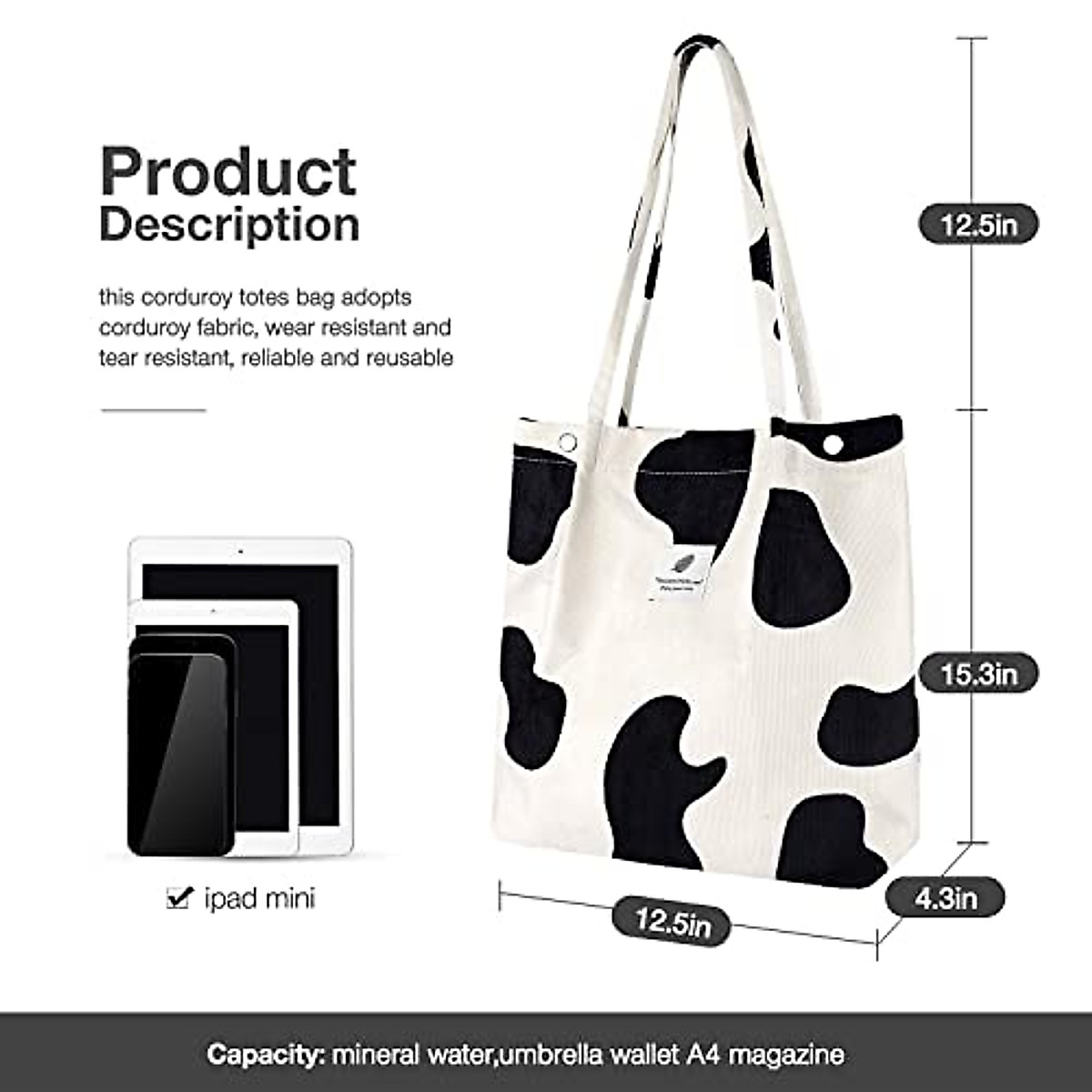 LHMTQVK Tote, Corduroy Bag Women's Shoulder Purses for Office School Shopping Travel, Cow