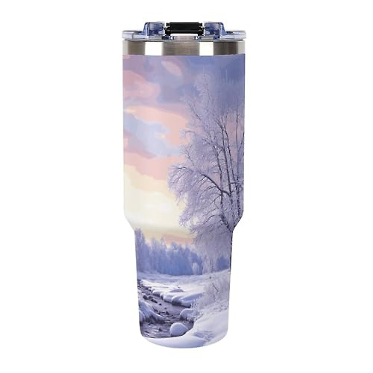 LLUTSNTH 40 Oz Vacuum Tumbler with White Handle Leakproof Insulated Tumbler Winter Landscape Stainless Steel Travel Mug with Lid And Straw Coffee Cup Cute Water Bottles Cup Holder Friendly