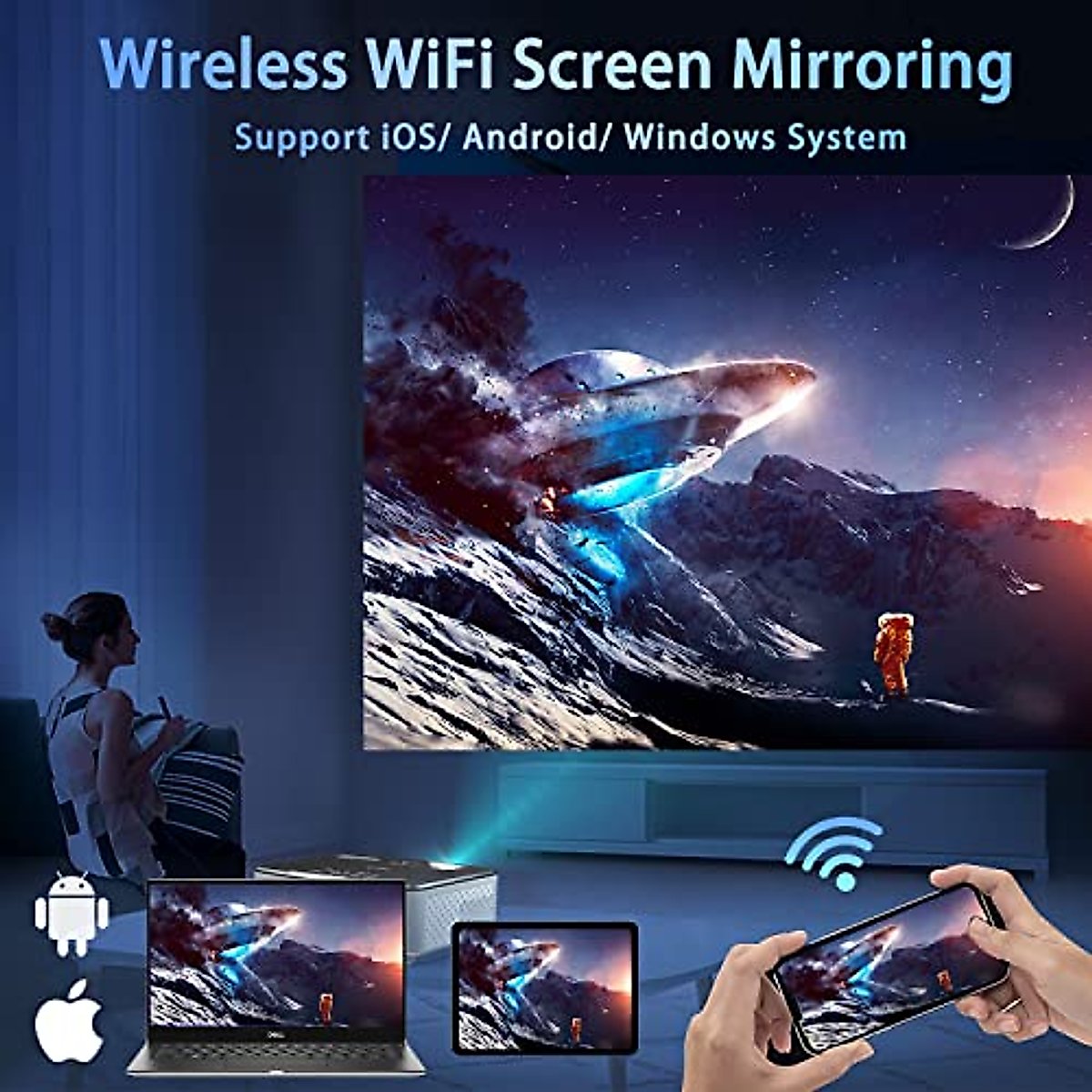 WiFi Bluetooth Projector, Native 1080P HD Movie Projector with 120" Projector Screen and Carrying Case, 4K Supported 200" Display Home Theater, Compatible with iOS/ Android/ Xbox/ PS5/ TV Stick/ HDMI