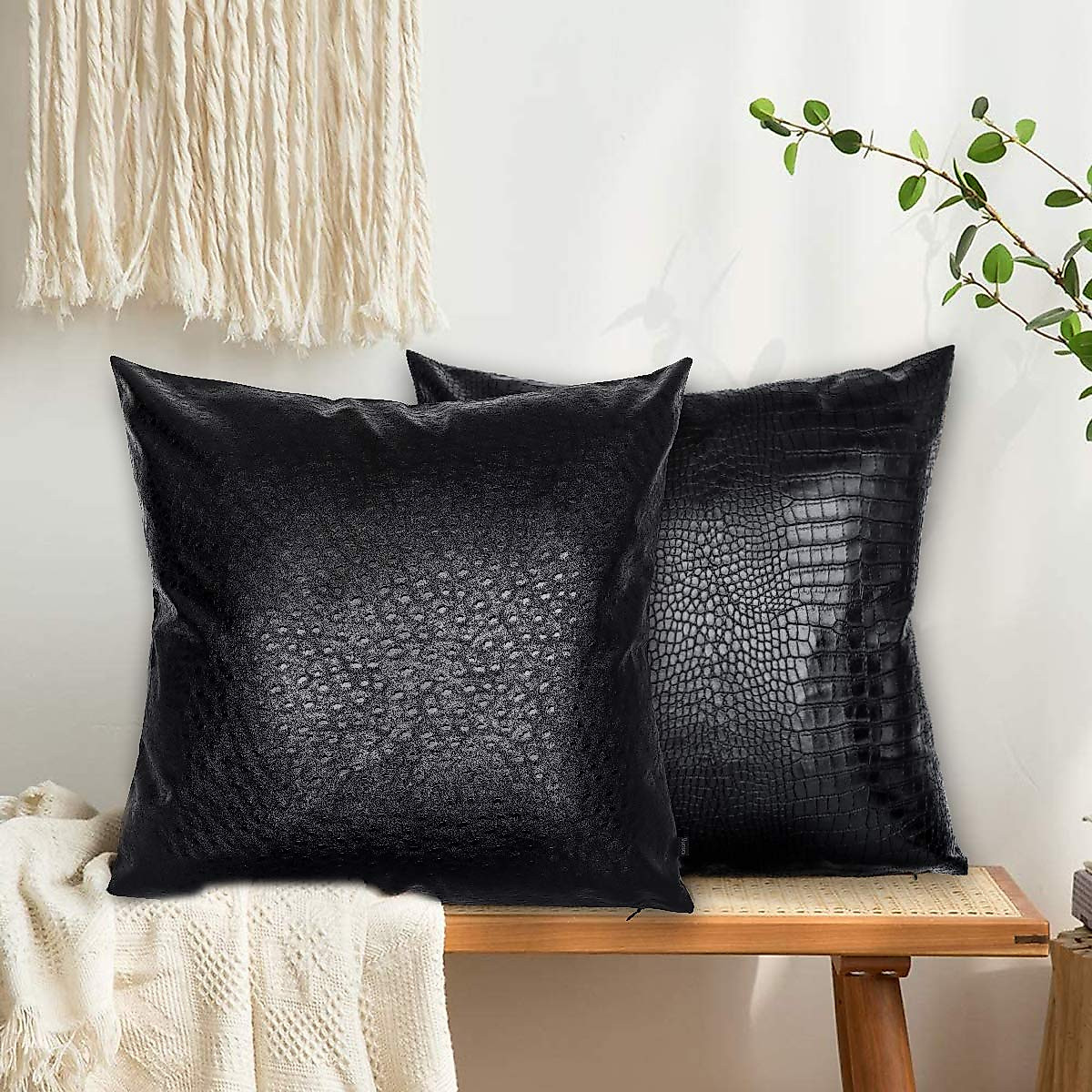 HDDahua Black Ostrich Skin Faux Leather Throw Pillow Covers, Modern Faux Leather Couch Lumbar Cushion Covers for Couch Bed Sofa 20x 20 Inches