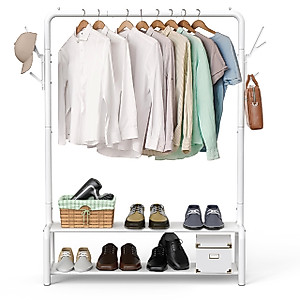 Simple Houseware Garment Rack with Storage Shelves and Coat/Hat Hanging Hooks, White