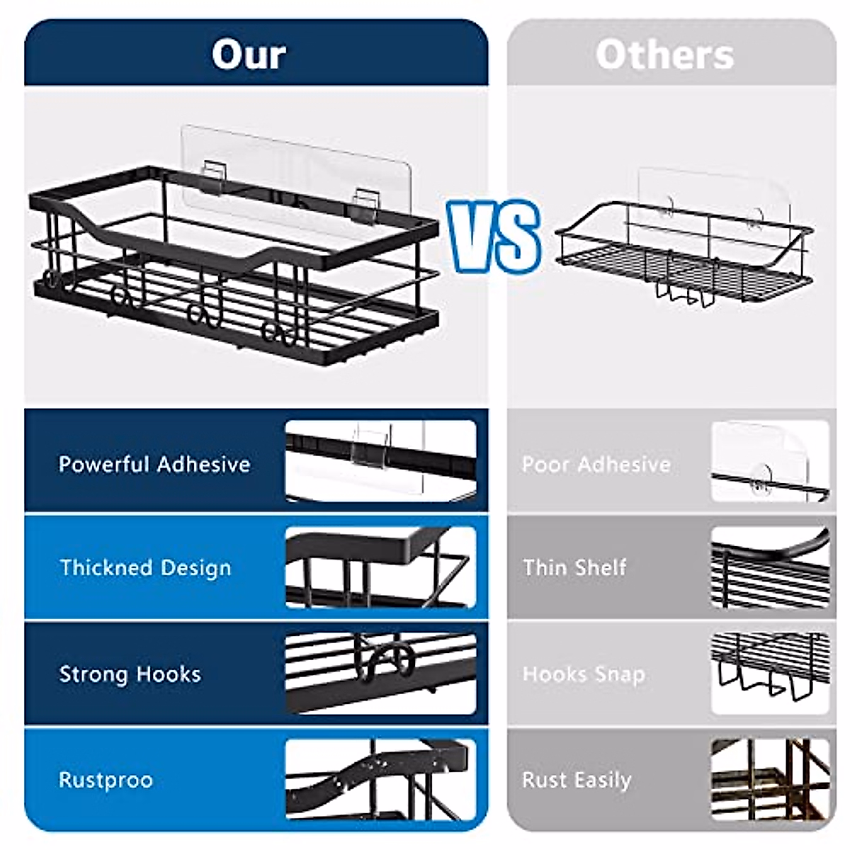 HUITEM Shower Caddy 4 Pack, Adhesive Shower Organizer Shelf with Hooks No Drilling Bathroom Shower Shelves for Inside Shower & Kitchen Storage