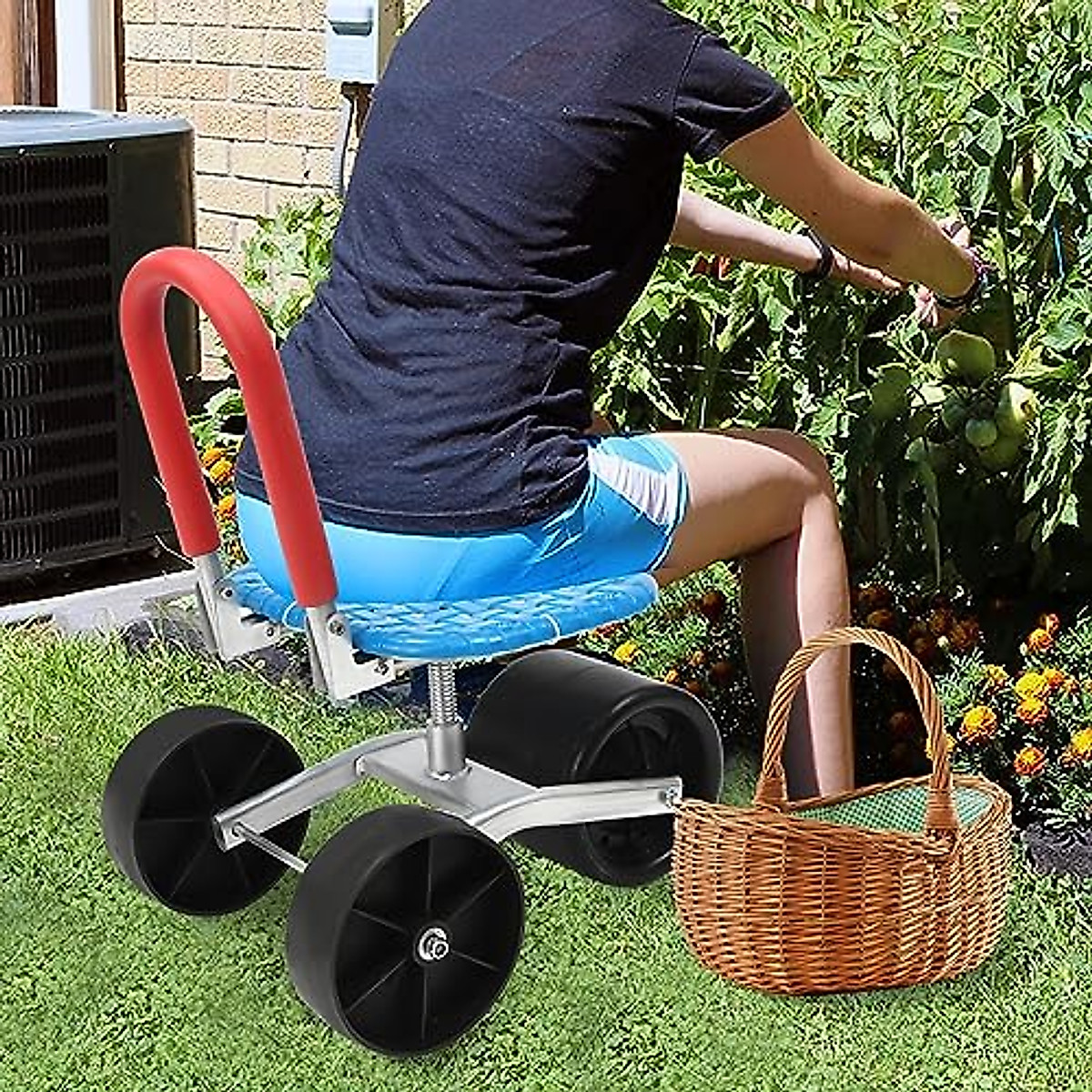 Garden Cart Rolling Stool with Wheels, Garden Cart with Seat and Wheels, Wheeled Garden Cart with Seat, Adjustable 360 Degree Swivel Seat, Stable Workseat Cart Adjustable Seat Height, Gardening Helper