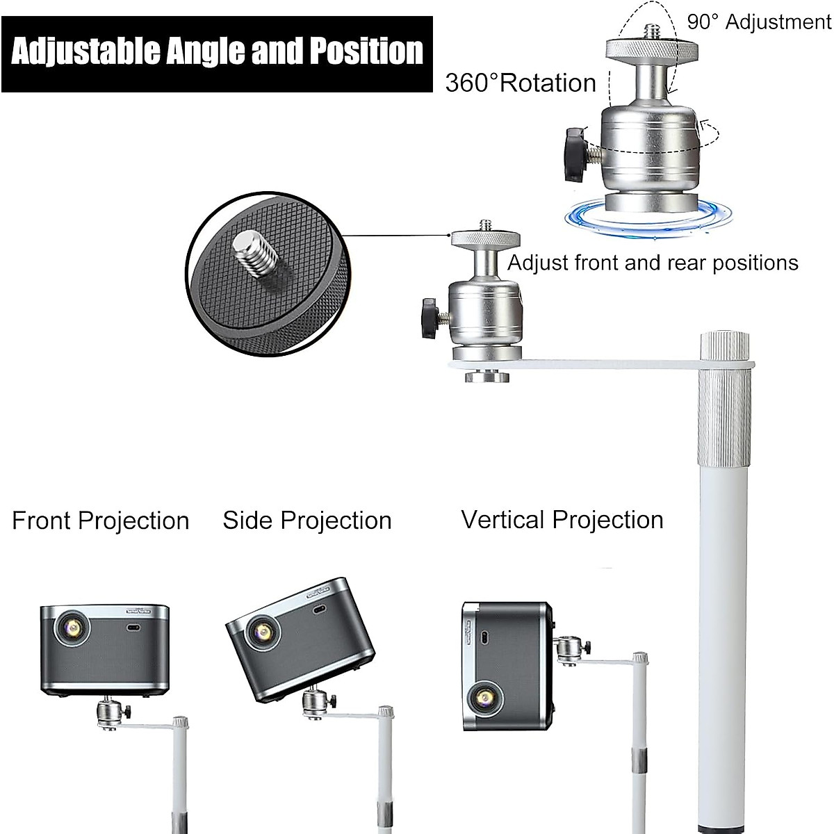 2-Be-Best Plug-in Projector Mount Bedside Sofa Projector Stand Wall Mount with 360° Adjustable, Projector Mount, Stand-Alone Design, Cable Management, Projector Holder White