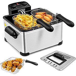 5.3QT Electric Deep Fryer with 3 Baskets, SIMOE 5L Stainless Steel Deep Fryer w/60 timer & Lid with view window, Home Countertop Oil Fryer w/Temperature Control for Kitchen, Party, French Fries