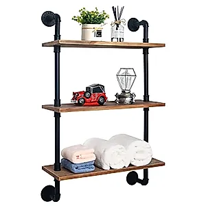 HouseAid Industrial Pipe Floating Shelves, 24 Inch Rustic Farmhouse Shelf for Living Room, Bedroom, Bathroom and Kitchen, Wall Mounted, Matte Black (3 Tiers)