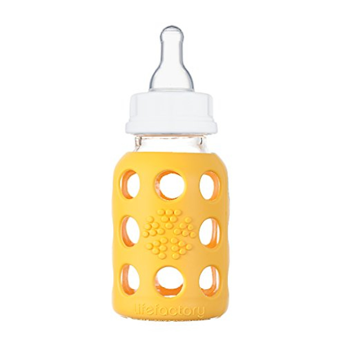 Lifefactory 4-Ounce BPA-Free Glass Baby Bottle with Protective Silicone Sleeve and Stage 1 Nipple, Yellow
