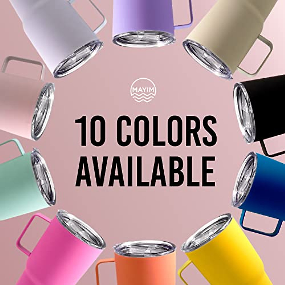 Mayim Large Travel Coffee Mug Tumbler with Clear Slide Lid and Handle, Reusable Vacuum Insulated Double-Wall Stainless-Steel Thermos, Fits in Cup Holder, 30oz., Blush