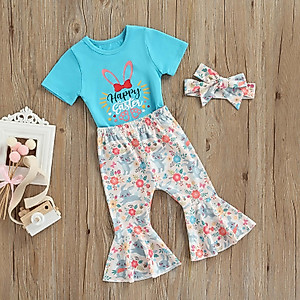 ITFABS 6M-5T Toddler Baby Girl Outfit Short Sleeve T Shirt Dress Shirt Tees Tops+Leopard Flare Pants Outfit Summer Clothes (Easter Blue, 12-18 months)
