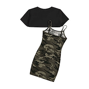 SweatyRocks Girl's 2 Piece Outfits Short Sleeve Crop Top Tee and Camo Print Cami Dress Set Black Green 10Y