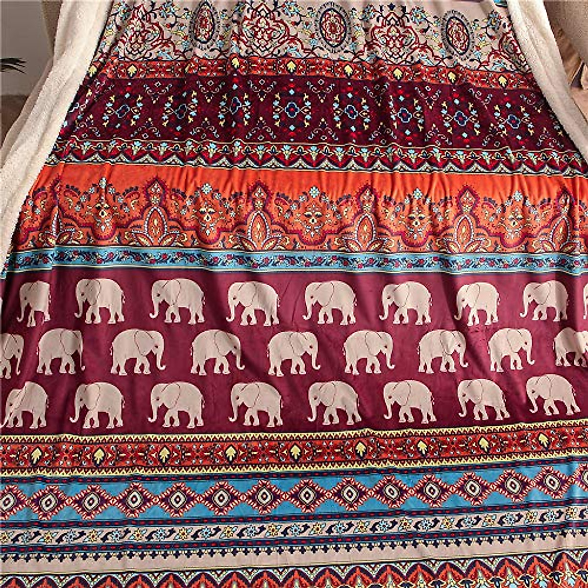 LOVINSUNSHINE Boho Throw Blankets for Couch Bohemian Elephant Soft Cozy Plush Sherpa Fleece Blanket 60x80 -
