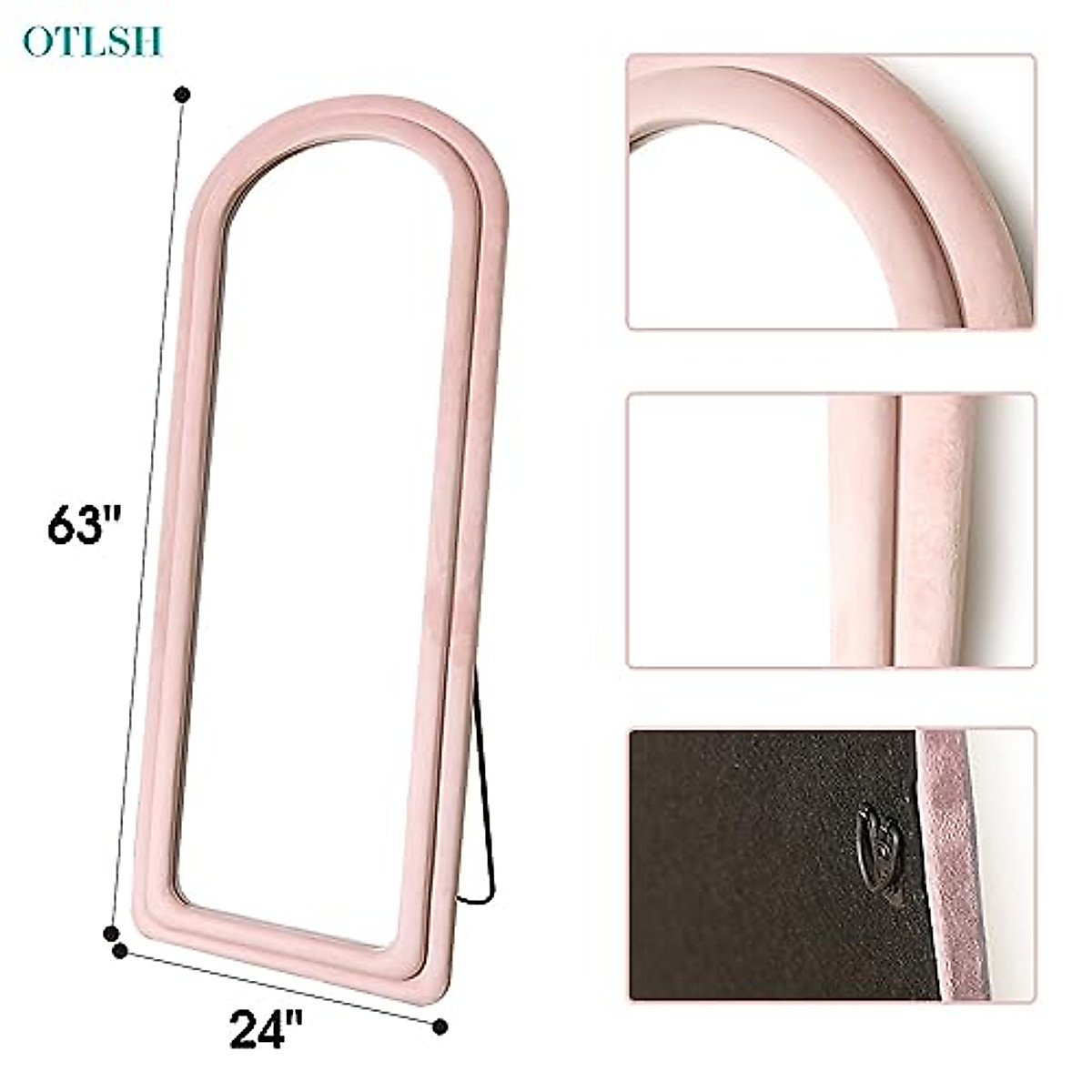 Otlsh Floor Mirror, Arched Full Length Mirror with Stand, Standing Mirror, 63"x24" Full Body Mirror, Large Mirror, Wall Mirror, Freestanding, Wall Mounted, Flannel Frame - Pink