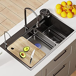 Outdoor Sink, Single Bowl Undermount Kitchen Sink 60x45CM 75x45CM Workstation Stainless Steel Bar Sinks with pull faucet and Cutting Board, Fits Kitchen Cabinet, Commercial Sink (Size : 75x45CM/29.5x