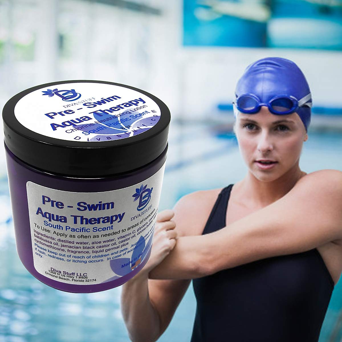 Diva Stuff Pre-Swim Aqua Therapy Chlorine Neutralizing Body Moisturizing Lotion for Swimmers, Protects Skin from Chlorine and Salt Water, 8 oz - Made in the USA, Fresh South Pacific