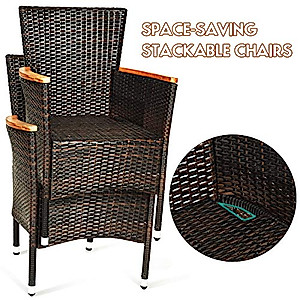 Tangkula 9 Piece Outdoor Dining Set, Garden Patio Wicker Set w/Cushions, Furniture with Acacia Wood Table and Stackable Armrest Chairs