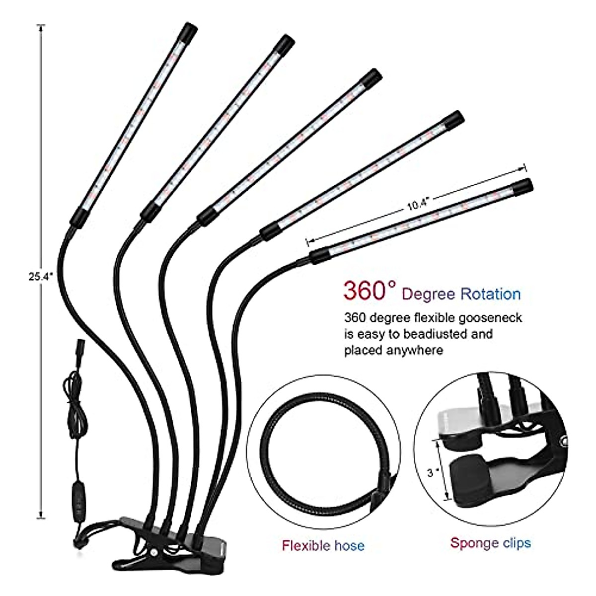 Plant Light for Indoor Plants - Red White Full Spectrum Plant Grow Light Adjustable Gooseneck 135 LED Grow Lamp with 3/9/12H Timer, 10 Dimmable Levels & 3 Switch Modes