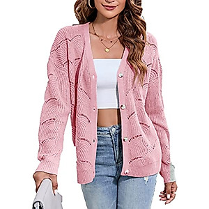 KOJOOIN Women's Crochet Cardigan Lightweight Kimono Long Sleeve Hollow Out Kint Outwear Sweater Barbie Pink M