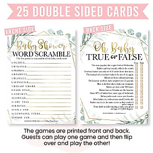 25 Greenery Word Scramble For Baby Shower, 25 True Or False Game, 25 Baby Animal Matching, 25 Nursery Rhyme Game - 4 Double Sided Cards Baby Shower Ideas, Baby Shower Party Supplies