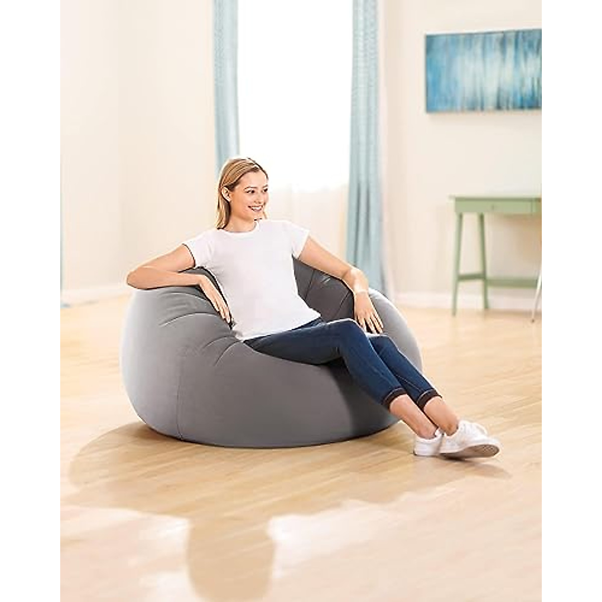 INTEX 68579EP Beanless Bag Inflatable Lounge Chair: Corduroy Textured Flocking – Durable Vinyl – Folds Compactly – 220lb Weight Capacity – 45" x 45" x 28",Grey