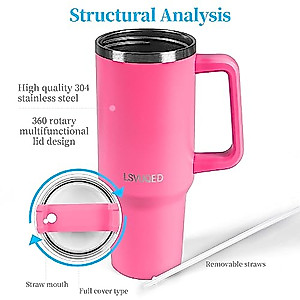 LSVUQED Tumbler With Handle 40 oz Travel Mug Straw Covers Cup with Lid Insulated Stainless Steel Water Iced Tea Coffee Gift .(Pink)